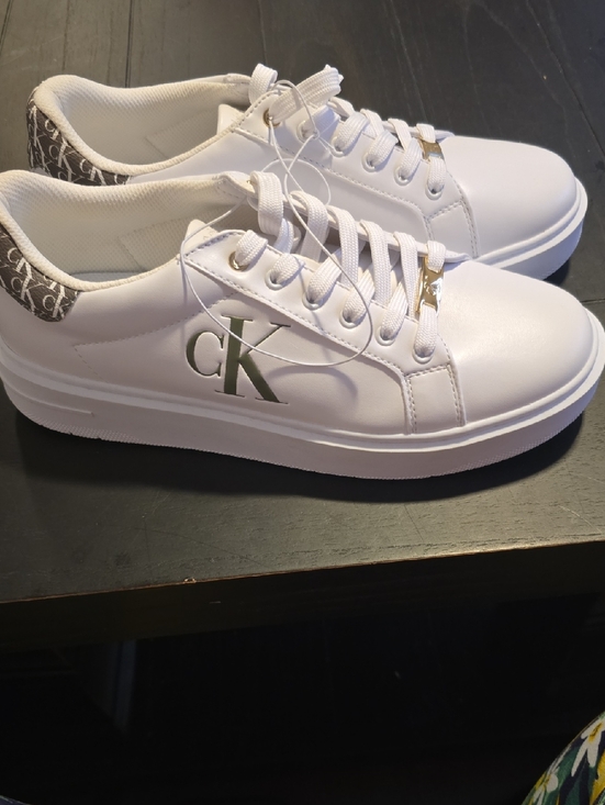 Calvin Klein | Shoes | Calvin Klein White Olive Sneakers With Gold Ck ...